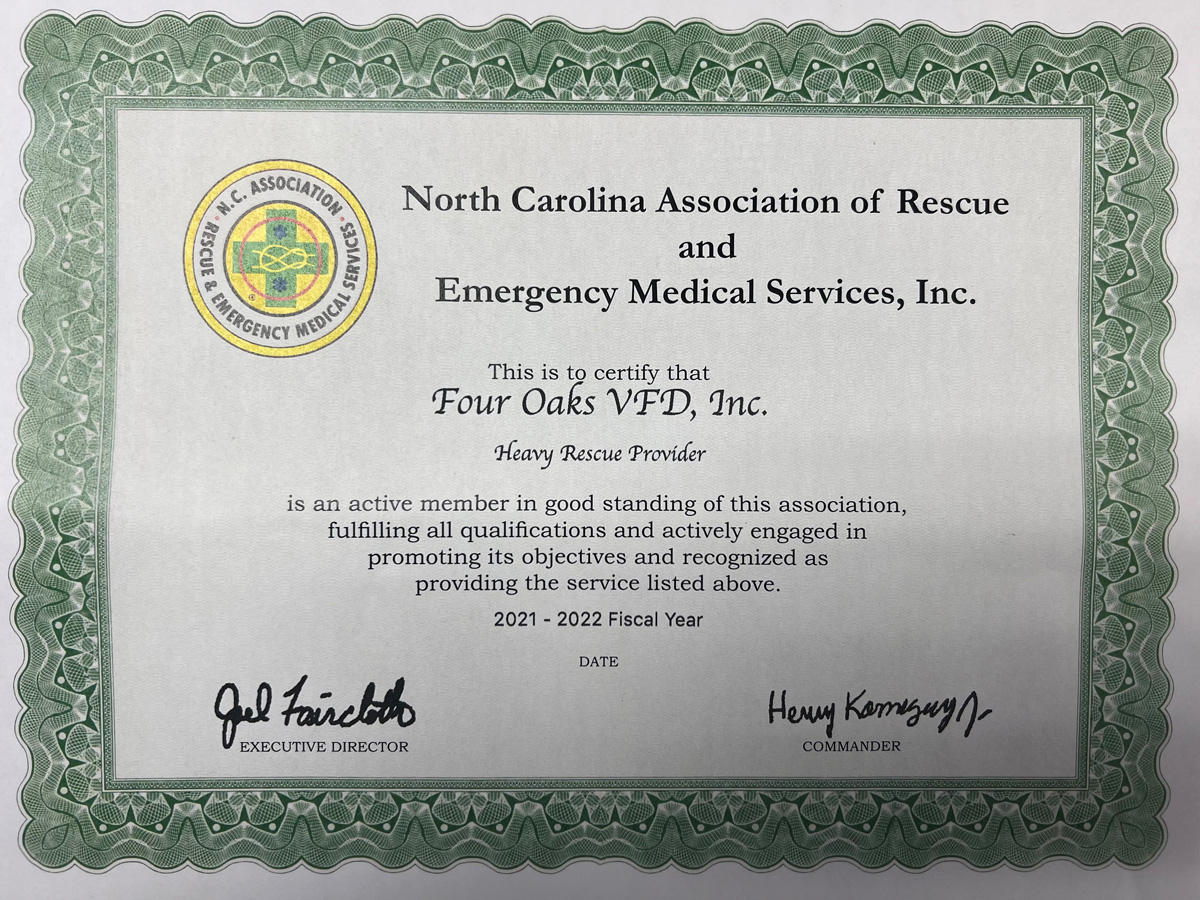 Heavy Rescue Certifications – Four Oaks Fire Department